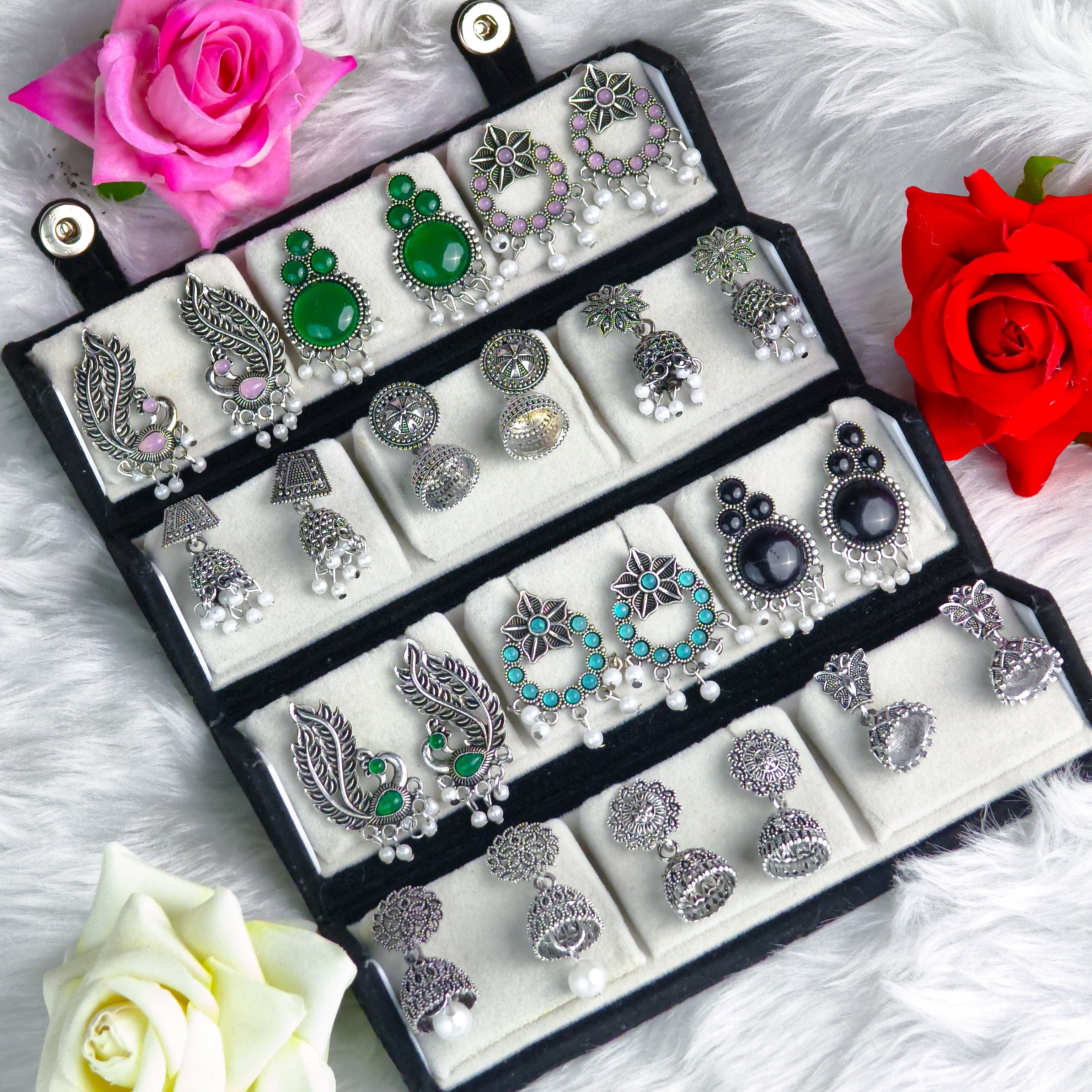 Set of 12 Random Earrings with Folding Jhumka Box – Handmade Joy